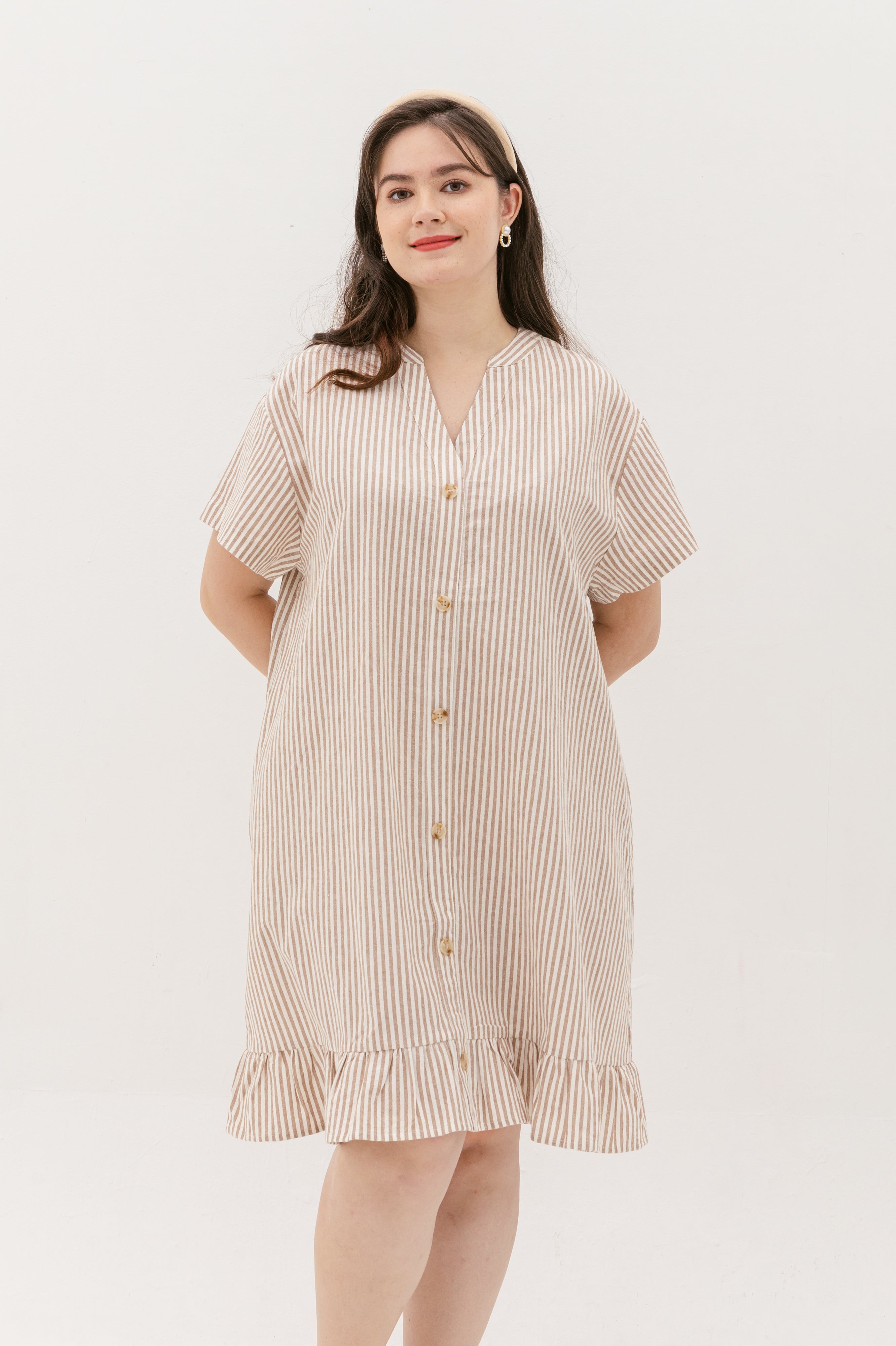 Elizabeth Fluted Hem Dress In Sand Stripes – LaineCurve