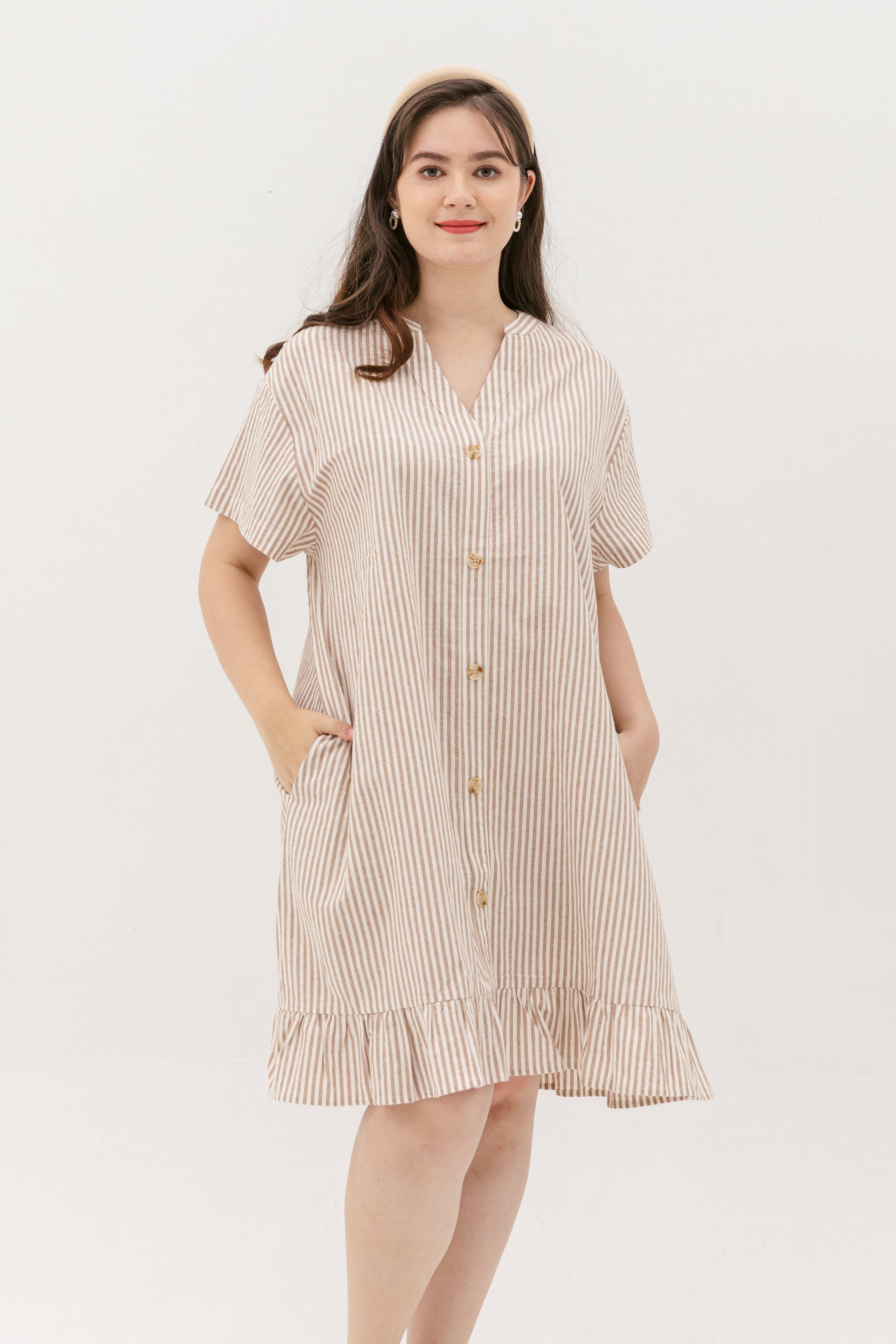 Elizabeth Fluted Hem Dress In Sand Stripes – LaineCurve